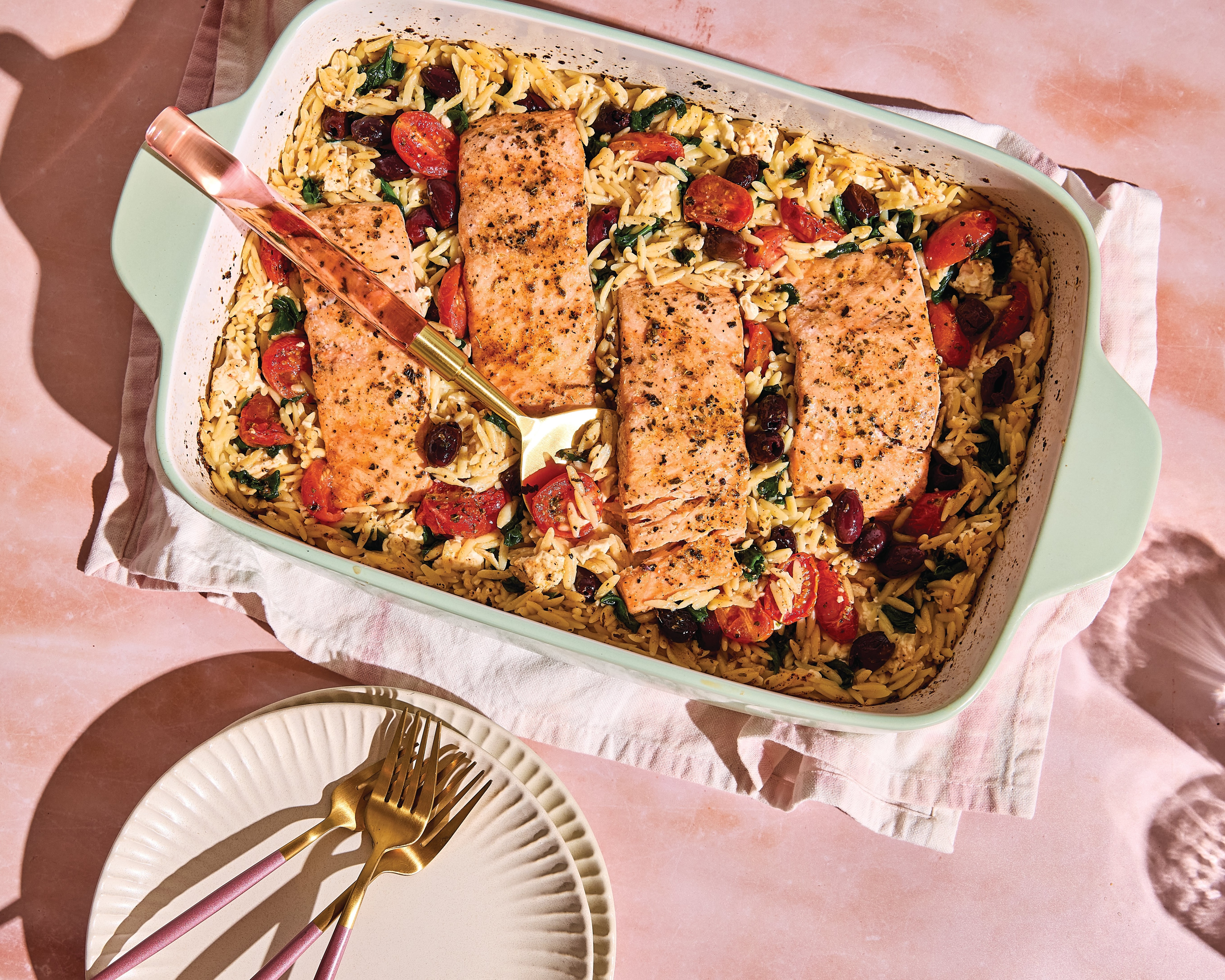 Jenn Lueke's Mediterranean-Inspired Salmon Orzo Bake Recipe | Woman's World